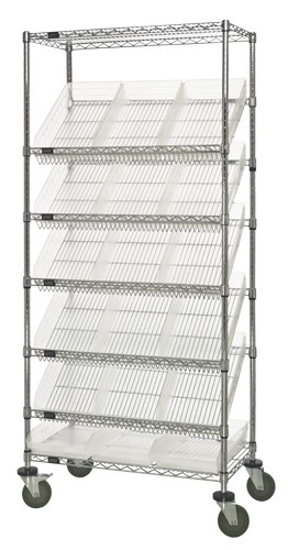 Mobile Slanted Chrome Wire Shelving Unit with Bins - MWRS-7-110