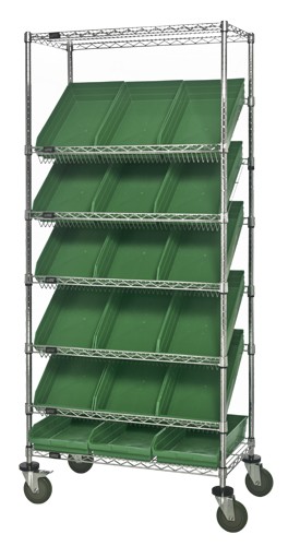 Mobile Slanted Chrome Wire Shelving Unit with Bins - MWRS-7-110