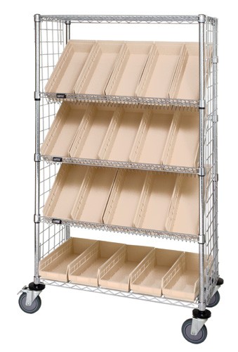 Chrome Slanted Wire Shelving Enclosure Plastic Bin Cart - All Sizes