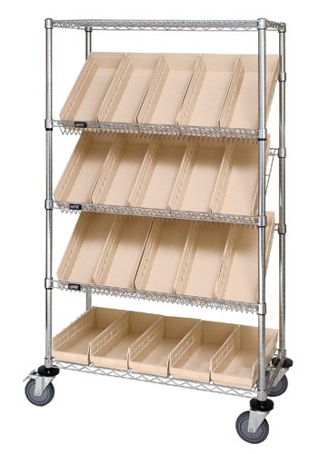 Chrome Wire Shelving Slanted Shelf Plastic Bin Cart - All Sizes
